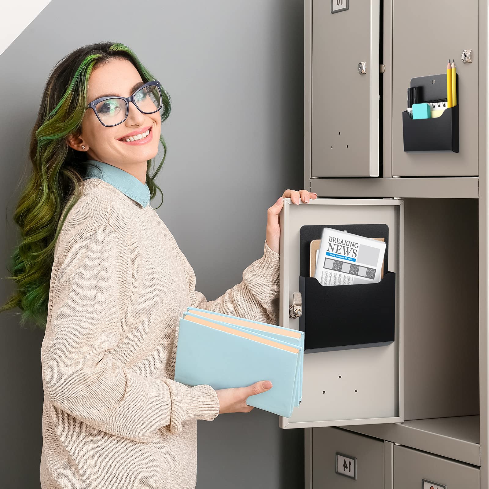 Patelai 3 Pcs Magnetic Wall File Holder Refrigerator Magnetic Locker Mail Organizer Wall Mount for File Cabinets Paper Magazine Pockets Storage Office(Multi Size,Black)