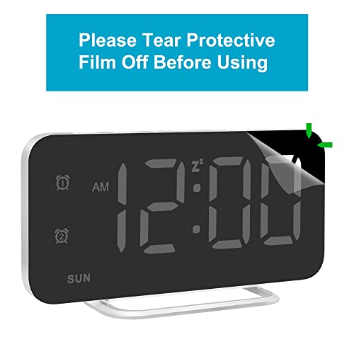 Slim LED Digital Alarm Clock, Mirror Surface for Makeup, with Diming, Large Display, Easy Setting, USB Ports, Modern Decor for Bedroom, Desk, Christmas, Birthday Gift for Women, Daughter, Girl, White