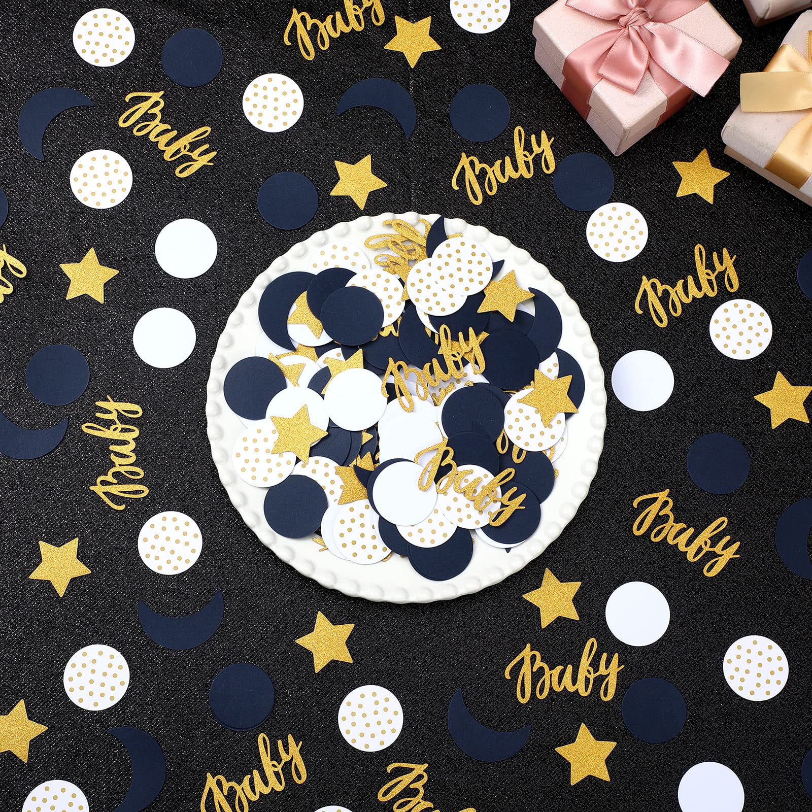 400 Pcs Navy Blue Baby Shower Confetti Moon and Star Baby Shower Decorations Eid Ramadan Mubarak Decoration Gold White Star Moon Confetti Scatter for Gender Reveal Decor
