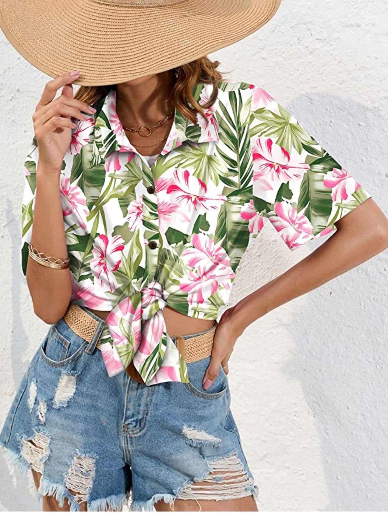 LILYCHIC Women’s Hawaiian Shirts Tropical Aloha Outfits Luau Summer Beach Tops Short Sleeve Floral Casual Blouses Pink S