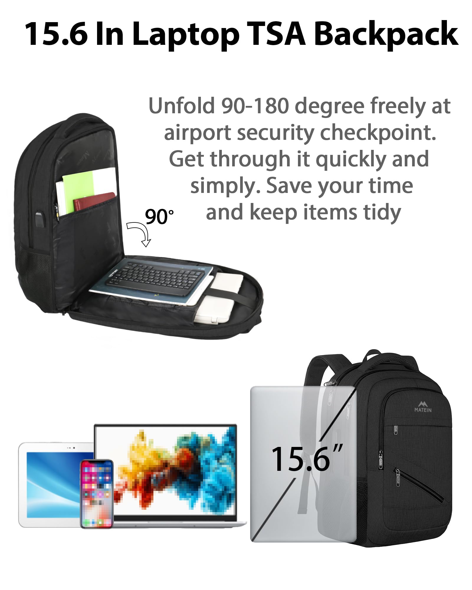 MATEIN 15.6 Inch Backpack for Traveling On Airplane for Women Men, Professional Business Laptop Backpack with Multiple Organization Pockets Water Resistant Casual Daypack, Black