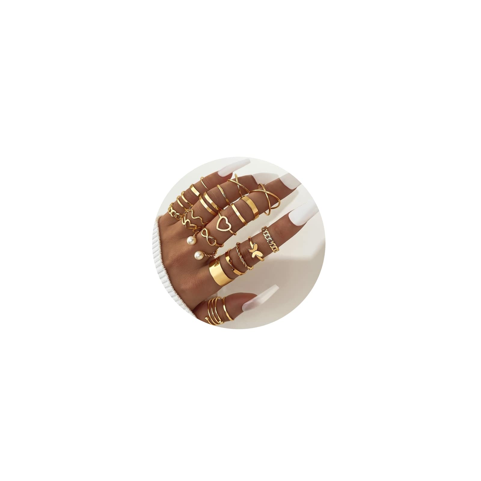 Uarein 22Pcs Gold Boho Stackable Knuckle Rings Set - Heart, Pearl, Butterfly, Vintage, Adjustable Statement Rings - Jewelry Gifts (A)