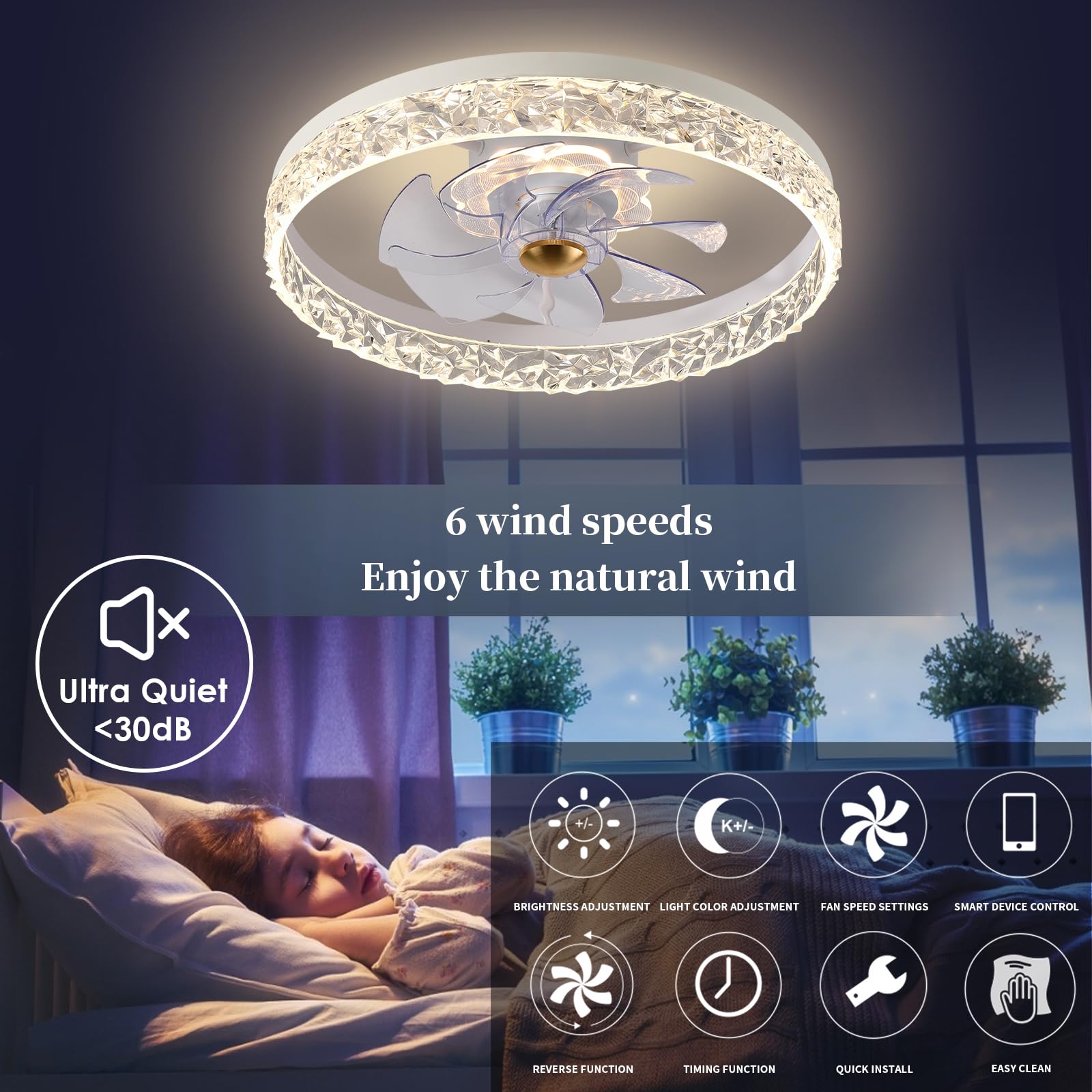 Fszdorj 2023 Upgraded 20‘’ Smart Ceiling Fan with Light, Low Profile Fan, Flush Mount Ceiling Fan, 6 Speeds, Dimmable LED, App & Remote Control, Quiet DC Motor, For Bedroom, Living Room, F111 White