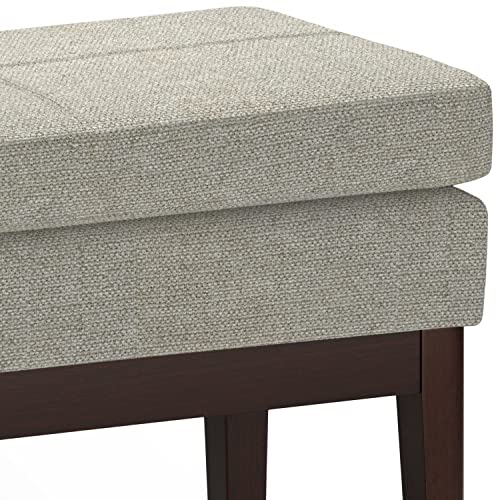 SIMPLIHOME Carlson Ottoman Bench in Greige, 15"H x 26.4"W x 17.5"D, Solid Pine Wood Frame with Dark Walnut Legs, Compact Seating for Living Room