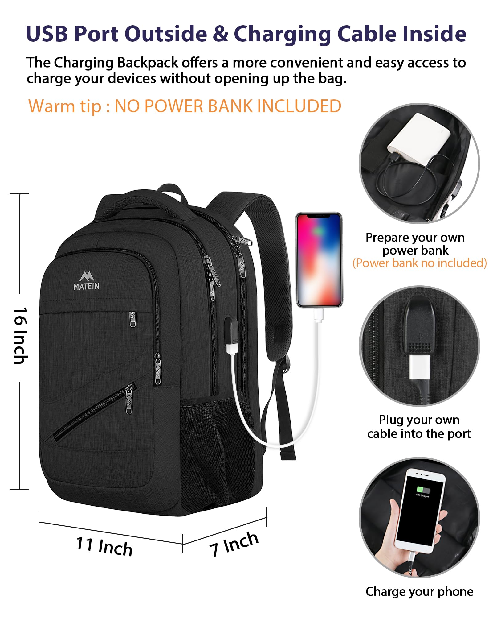 MATEIN 15.6 Inch Backpack for Traveling On Airplane for Women Men, Professional Business Laptop Backpack with Multiple Organization Pockets Water Resistant Casual Daypack, Black