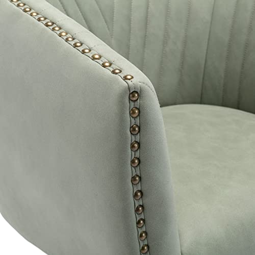 QUINJAY Green Faux Leather Home Office Desk Chair, Upholstered Barrel Swivel Adjustable Arm Desk Chair with Nailheads, Comfy Mid-Back Study Chair with Silent Wheel for Study Office Computer