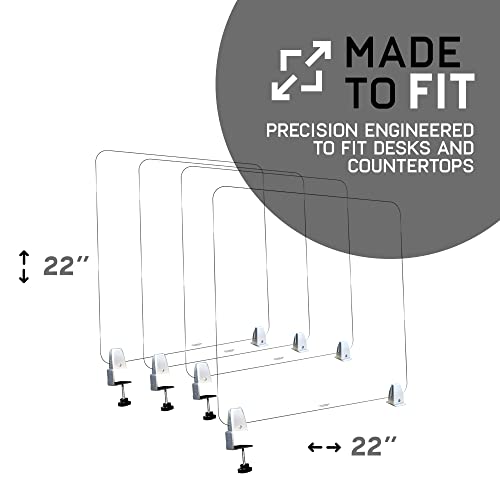 4 Pack - Desk Divider Office Partitions - Crystal Clear Acrylic Plexiglass. Adjustable Silver Clamps Included. Desk Divider for Schools or Offices. Clear Plexiglass Sneeze Guard, 22x22 inches.
