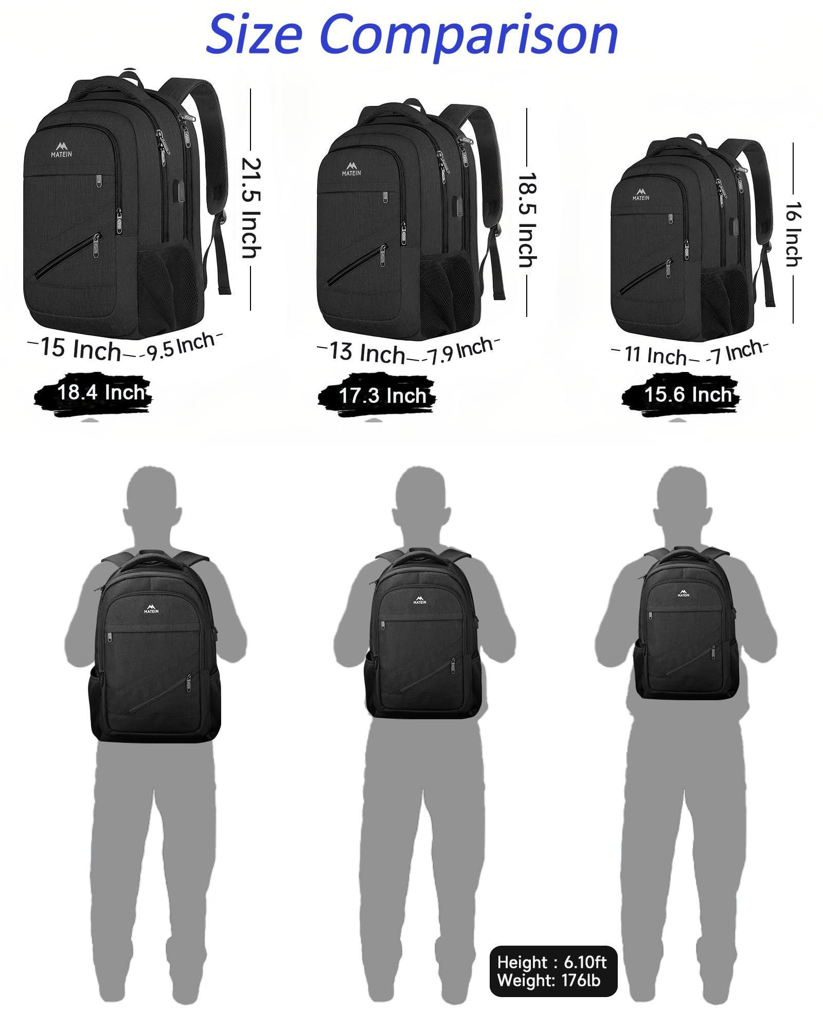 MATEIN 15.6 Inch Backpack for Traveling On Airplane for Women Men, Professional Business Laptop Backpack with Multiple Organization Pockets Water Resistant Casual Daypack, Black