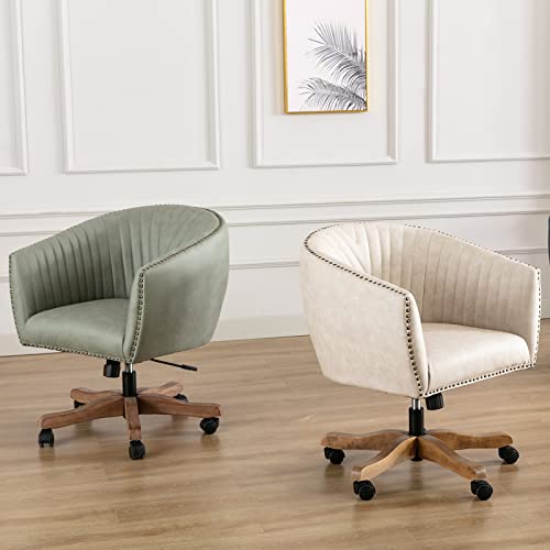 QUINJAY Green Faux Leather Home Office Desk Chair, Upholstered Barrel Swivel Adjustable Arm Desk Chair with Nailheads, Comfy Mid-Back Study Chair with Silent Wheel for Study Office Computer