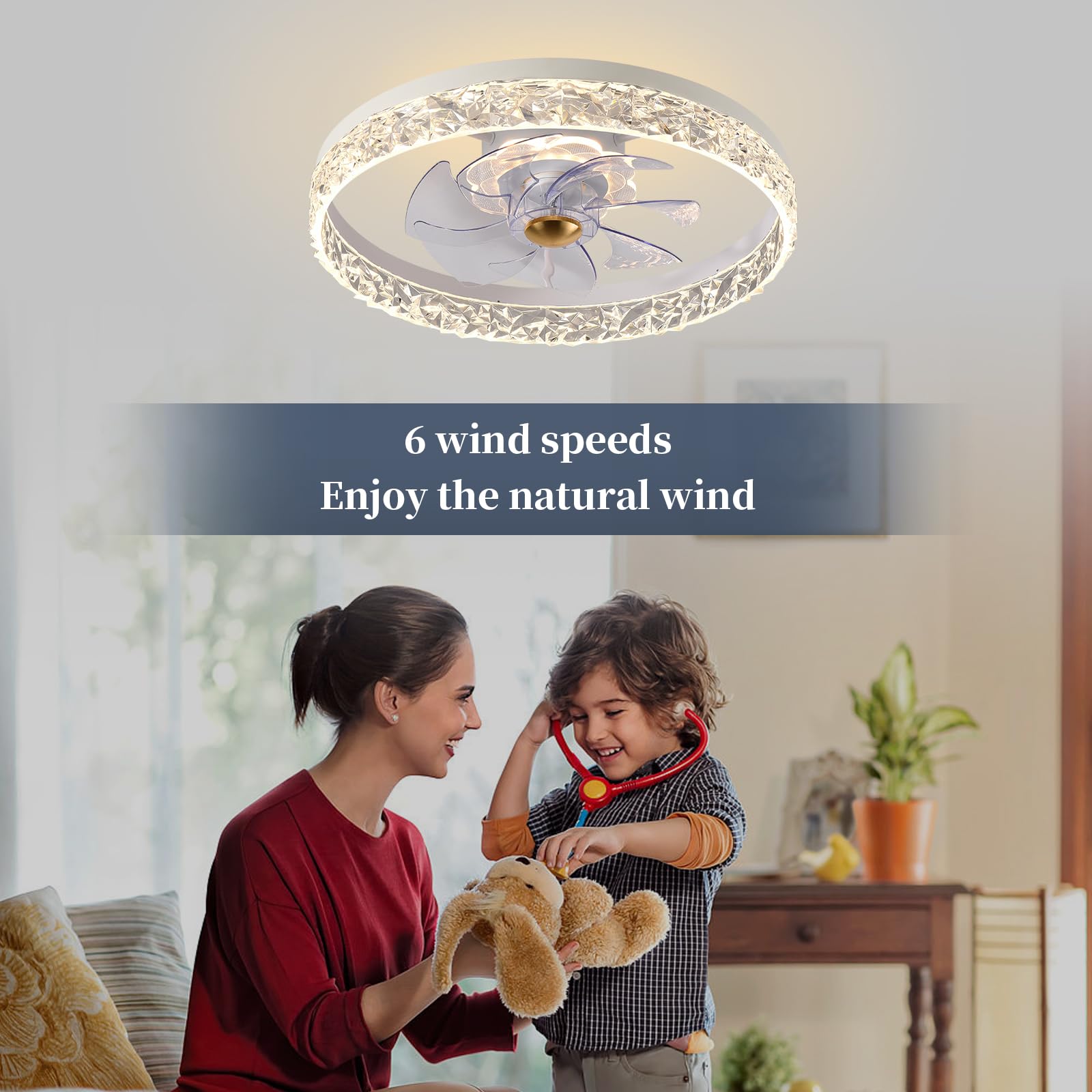 Fszdorj 2023 Upgraded 20‘’ Smart Ceiling Fan with Light, Low Profile Fan, Flush Mount Ceiling Fan, 6 Speeds, Dimmable LED, App & Remote Control, Quiet DC Motor, For Bedroom, Living Room, F111 White