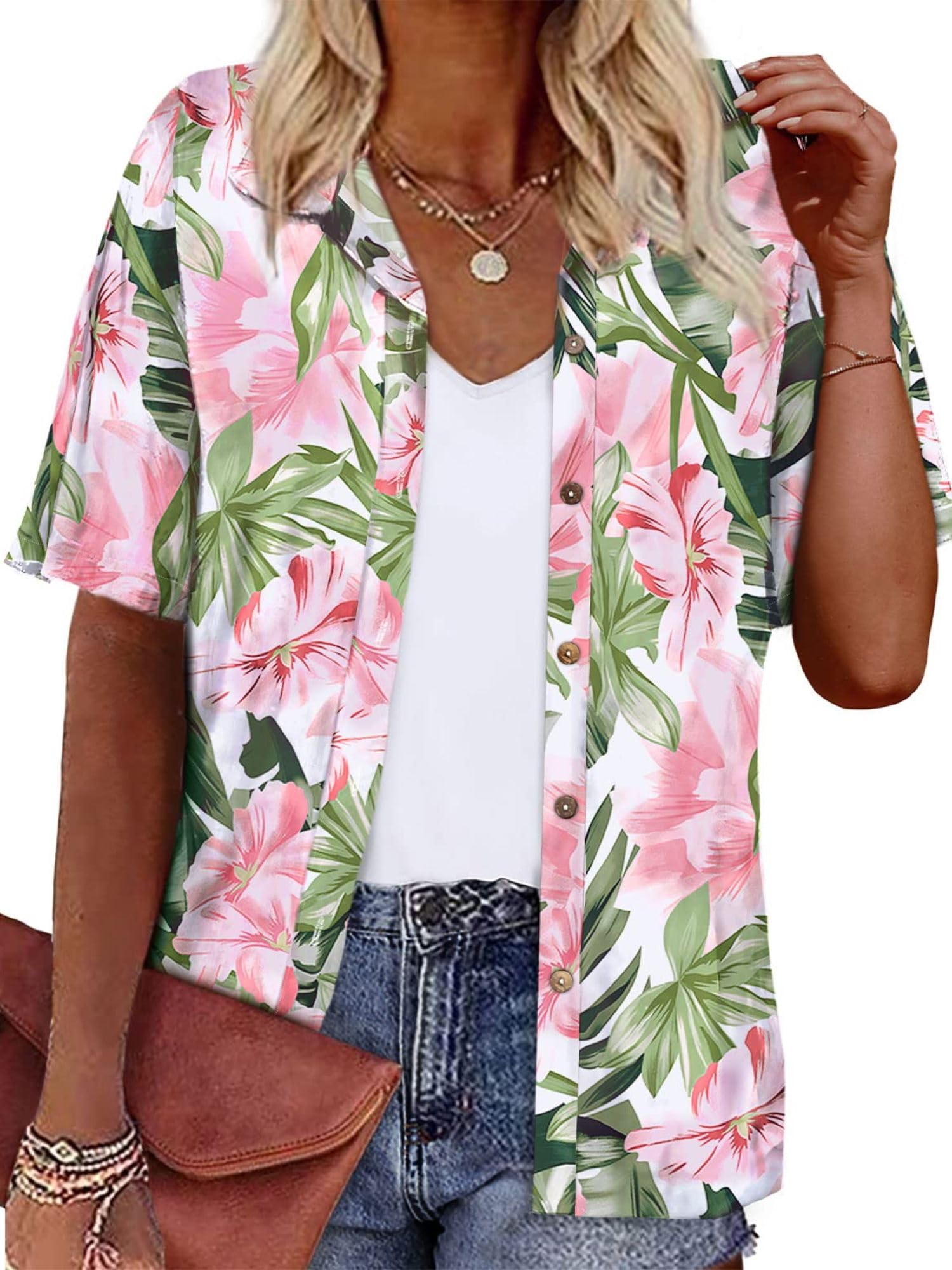 LILYCHIC Women’s Hawaiian Shirts Tropical Aloha Outfits Luau Summer Beach Tops Short Sleeve Floral Casual Blouses Pink S
