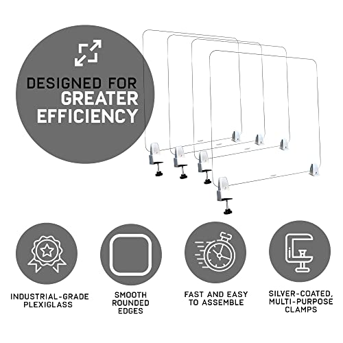4 Pack - Desk Divider Office Partitions - Crystal Clear Acrylic Plexiglass. Adjustable Silver Clamps Included. Desk Divider for Schools or Offices. Clear Plexiglass Sneeze Guard, 22x22 inches.