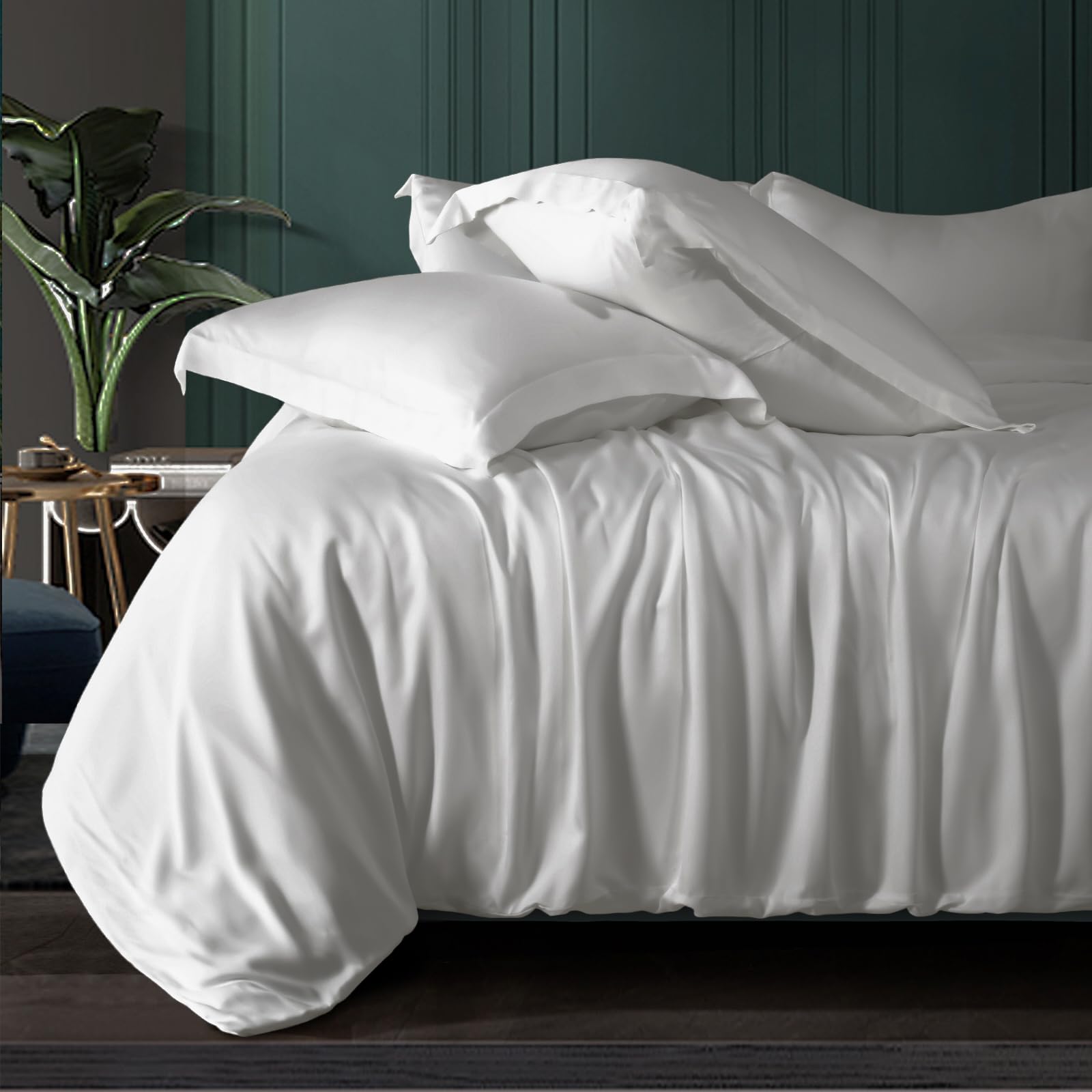 NEXHOME PRO 100% Organic Bamboo Duvet Cover Set Queen - Lightweight Summer Cooling Comforter Cover for Hot Sleepers 90"x90" 3pcs Breathable White Bedding with Corner Ties,Zipper Closure, No Insert