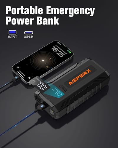 ASPERX 3500A Battery Jump Starter with PD 30W Fast Charging (Up to 10L Gas/8.5L Diesel Engines), 12V Battery Starter with 4 Inch LCD Display, Lithium Battery Booster with LED Light