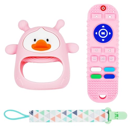 Baby Teething Toys, 2 Pack Soothing Hand Pacifier Teethers for Babies 0-6 Months, Soft Remote Control Teethers for Babies 6-12 Months, Infant Toys Baby Chew Toys for Sucking Needs, BPA Free (Pink)