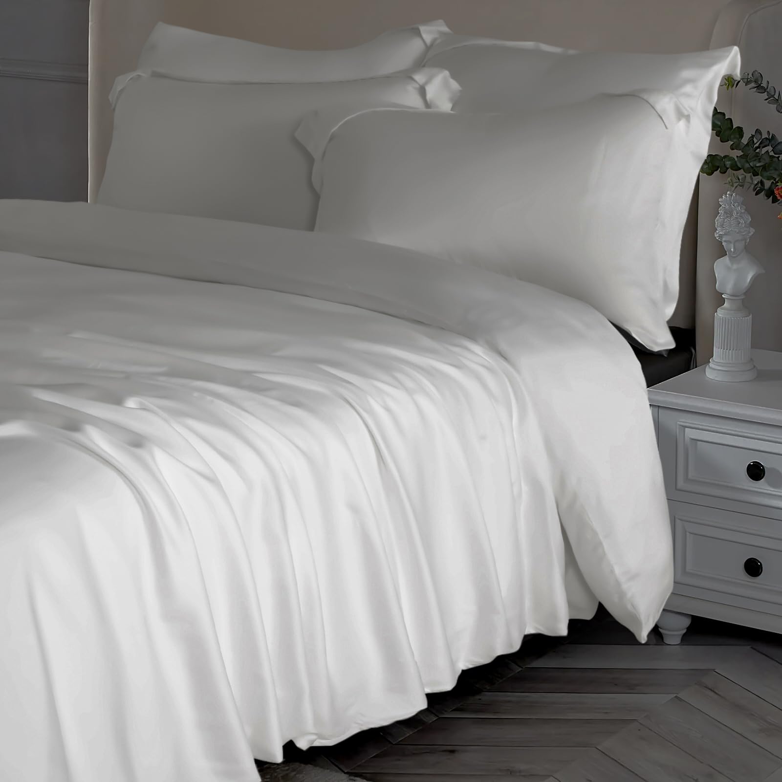 NEXHOME PRO 100% Organic Bamboo Duvet Cover Set Queen - Lightweight Summer Cooling Comforter Cover for Hot Sleepers 90"x90" 3pcs Breathable White Bedding with Corner Ties,Zipper Closure, No Insert