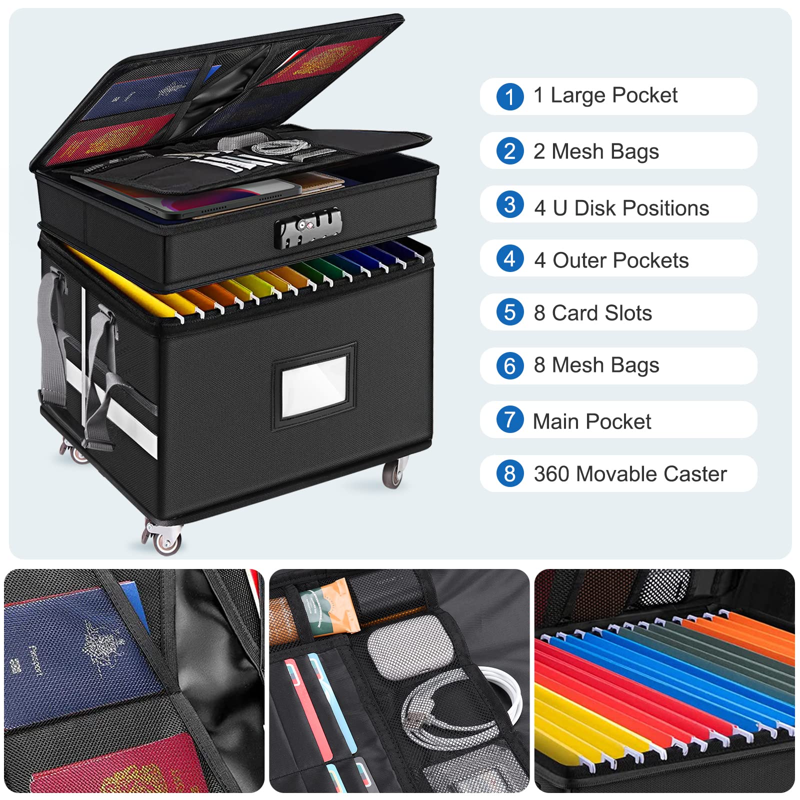 Fireproof Document Box with Lock, 2 Layer File Organizer Box with Wheels, Collapsible Safe File Box Document Organizer for Home Office,Rolling File Cabinet for Hanging Letter/Legal Folder