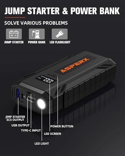 ASPERX 3500A Battery Jump Starter with PD 30W Fast Charging (Up to 10L Gas/8.5L Diesel Engines), 12V Battery Starter with 4 Inch LCD Display, Lithium Battery Booster with LED Light