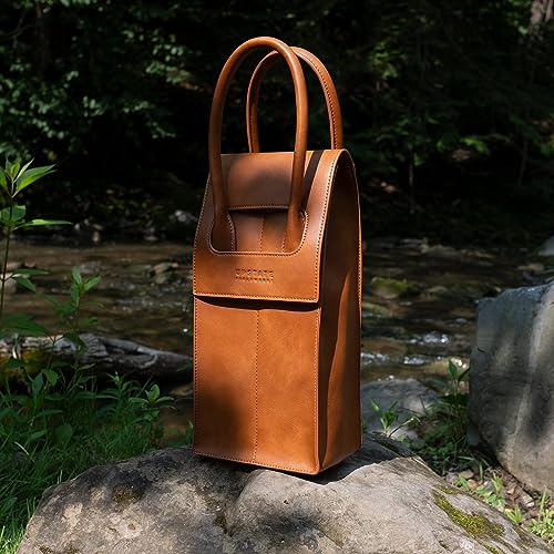 Wine Tote Carrier Bag | 2 Bottle - Vegan Leather, Soft Suede Interior Pouch with Divider - Great for Travel, BYOB, Wine Tastings, Parties, Gifts, Hygge