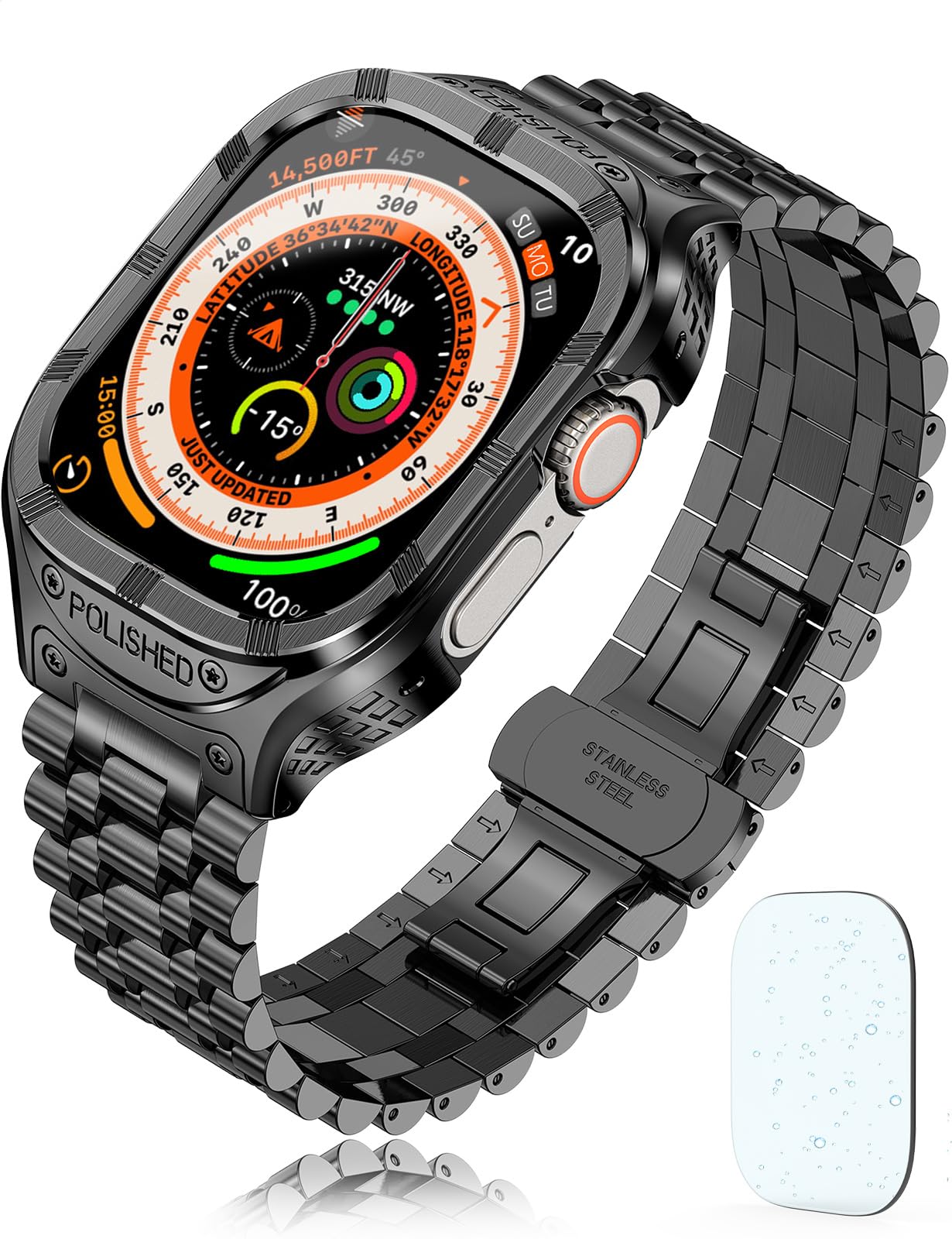 San Jeirie Stainless Steel Case & Band Compatible for Apple Watch Ultra 1/2 (49mm), Rugged Metal Protective Bumper Cover for iWatch Ultra Band for Men (Black)