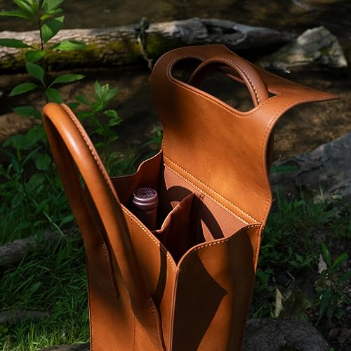 Wine Tote Carrier Bag | 2 Bottle - Vegan Leather, Soft Suede Interior Pouch with Divider - Great for Travel, BYOB, Wine Tastings, Parties, Gifts, Hygge