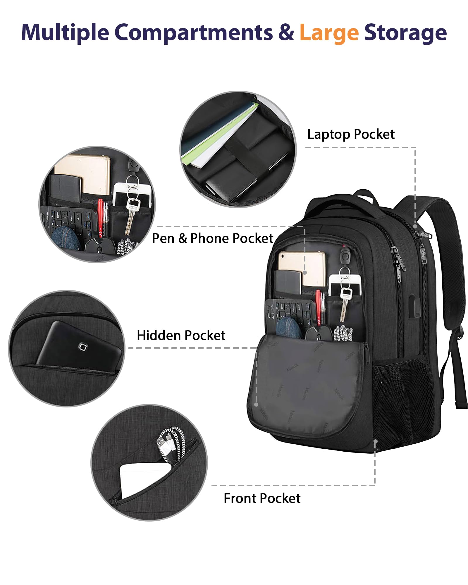 MATEIN 15.6 Inch Backpack for Traveling On Airplane for Women Men, Professional Business Laptop Backpack with Multiple Organization Pockets Water Resistant Casual Daypack, Black