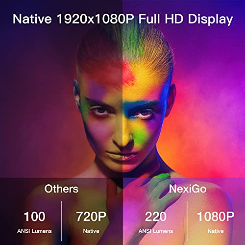 NexiGo WiFi Bluetooth Projector PJ10 [220ANSI - Over 8000 Lux Brightness] Native 1080P Movie Projector, Dolby_Sound Support, Remote, Compatible with Phone, Computer, HDMI, USB, AV Interfaces (Renewed)