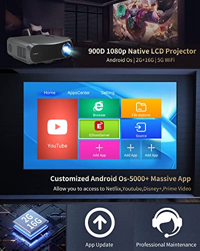 1080P Native 5G WiFi Projector with Bluetooth AI Android 4K Supported 10,000Lumen Ultra HD Smart Projectors Wireless Phone Cast Outdoor/Home Theater System 2G+16G