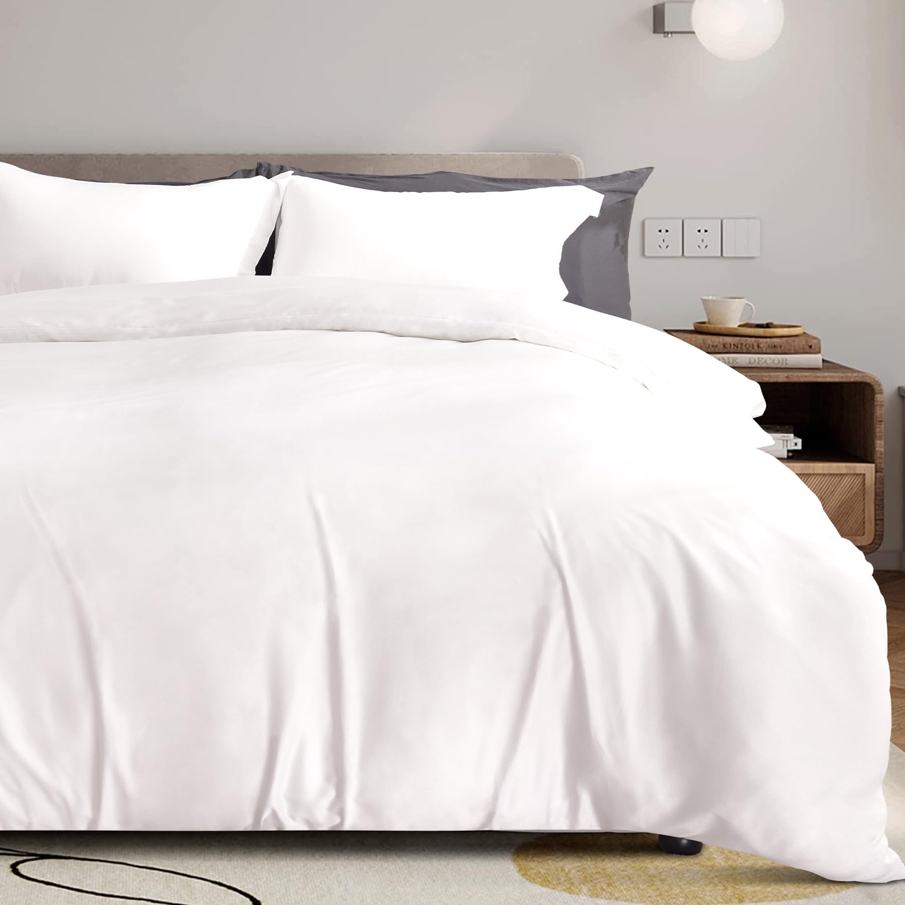 NEXHOME PRO 100% Organic Bamboo Duvet Cover Set Queen - Lightweight Summer Cooling Comforter Cover for Hot Sleepers 90"x90" 3pcs Breathable White Bedding with Corner Ties,Zipper Closure, No Insert