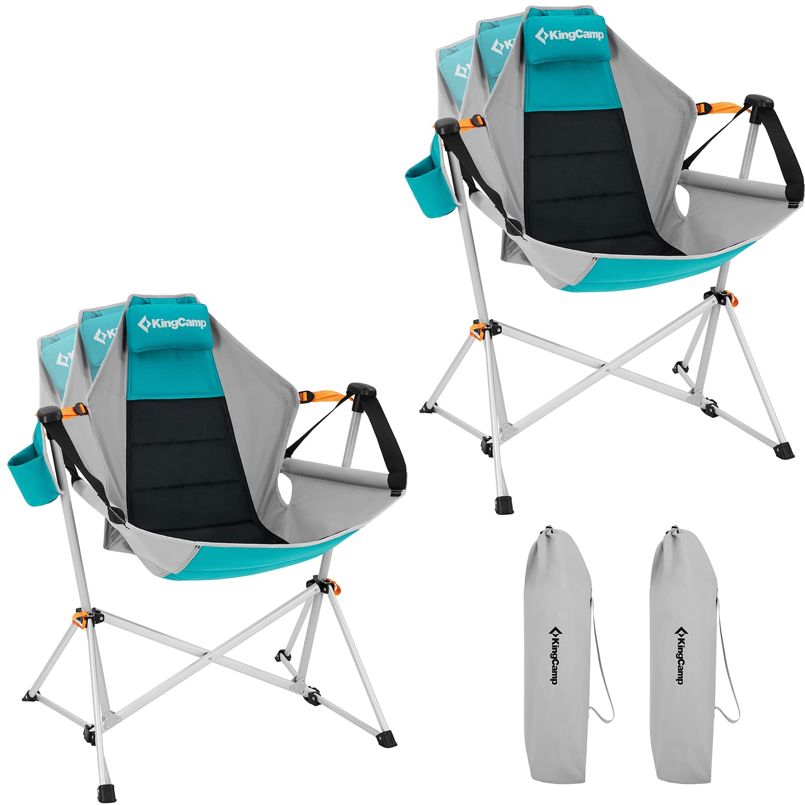 KingCamp 2 Pack Hammock Camp Chair, Oversized Aluminum Alloy Swing Camp Chair, Rocking Camp Chairs with Pillow Cup Holder for Adults Outdoor Travel Sports Game Lawn Concerts Garden (Cyan/Grey)