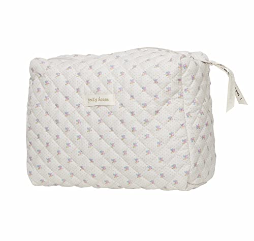 TYFLOVE Kawaii Cotton Makeup Bag Large Travel Cosmetic Bag Aesthetic Floral Makeup Pouch Coquette Quilted Toiletry Bag for Women (B-Beige Floral)