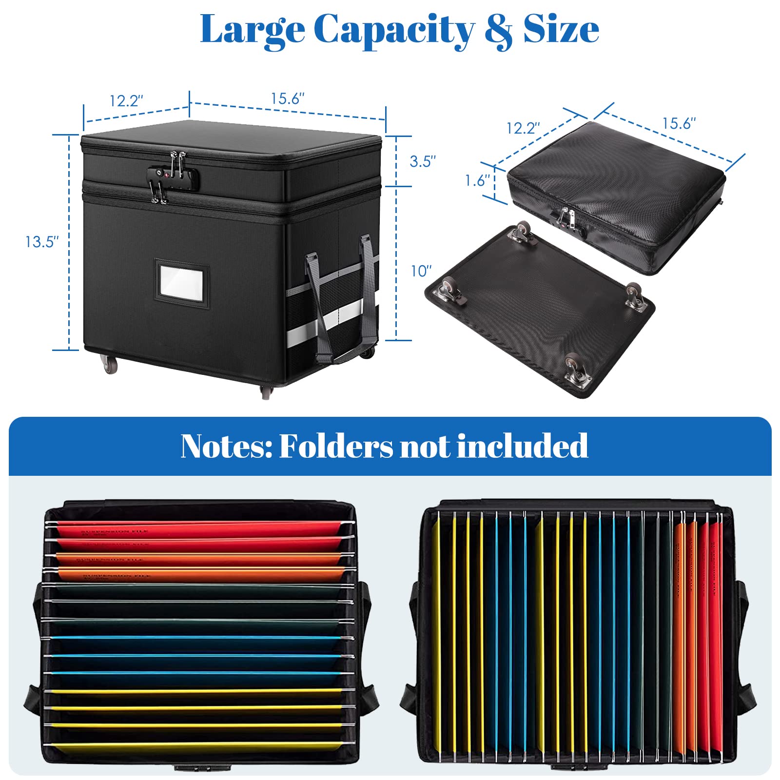 Fireproof Document Box with Lock, 2 Layer File Organizer Box with Wheels, Collapsible Safe File Box Document Organizer for Home Office,Rolling File Cabinet for Hanging Letter/Legal Folder