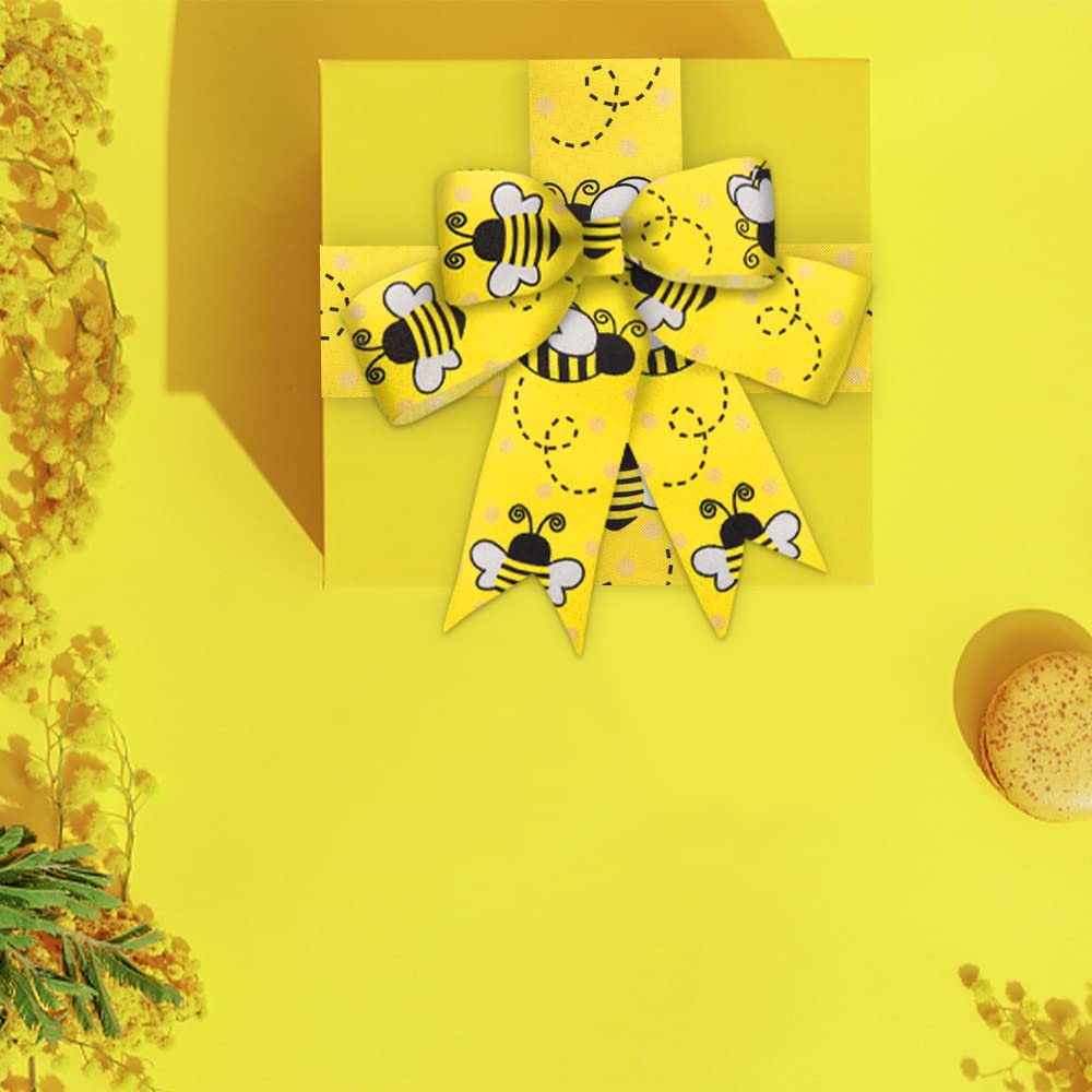 ALIBBON 2 Rolls 2.5" 5 Yd Spring Bee Wired Edge Ribbons Black White Yellow Dots Burlap Spring Honeybee Ribbon Flaxen Yellow for Wreaths DIY Crafting Gift Wrapping Bows Party Decoration