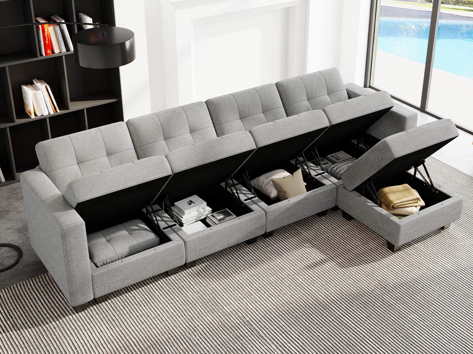Belffin Light Grey L Shape 5-Seat Modular Sectional Sofa with Storage, Reversible Chaise, Adjustable Backrest, Cotton & Polyester