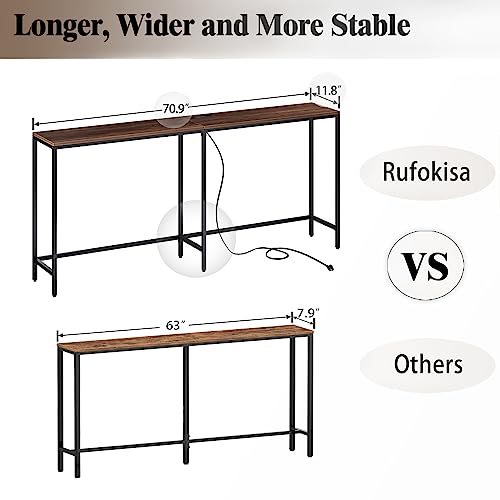 Rufokisa Console Table with Power Outlet, 70.9" Narrow Sofa Table, Skinny Sofa Hallway Table, Industrial Entryway Table with USB Ports, Behind Couch Table for Foyer, Living Room, Hallway, Bedroom