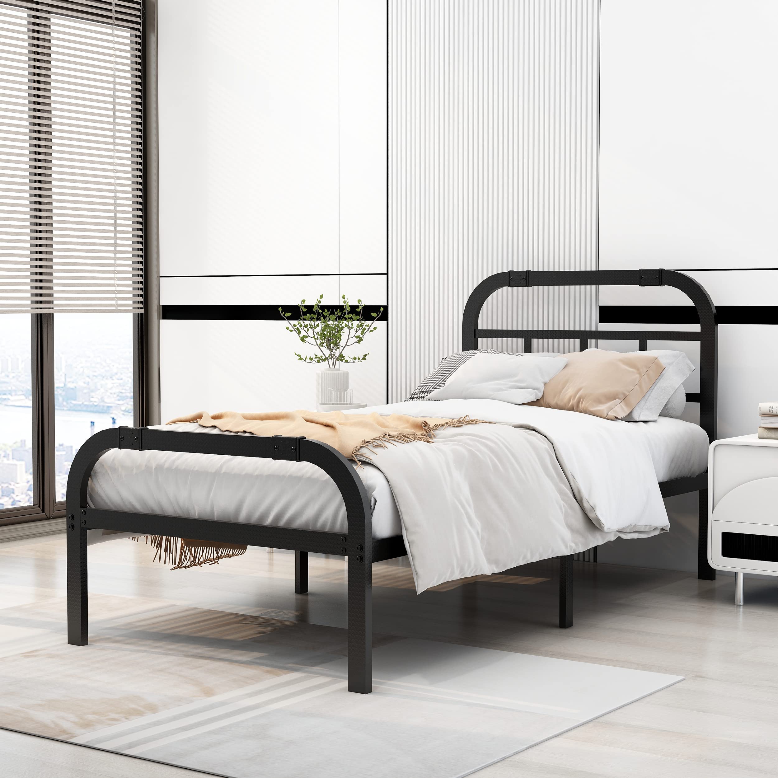 alazyhome Metal Platform Heavy Duty Twin Size Bed Frame with Headboard and Footboard Sturdy Steel Support No Box Spring Needed Easy Assembly Black