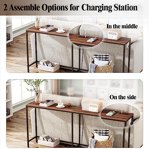 Rufokisa Console Table with Power Outlet, 70.9" Narrow Sofa Table, Skinny Sofa Hallway Table, Industrial Entryway Table with USB Ports, Behind Couch Table for Foyer, Living Room, Hallway, Bedroom