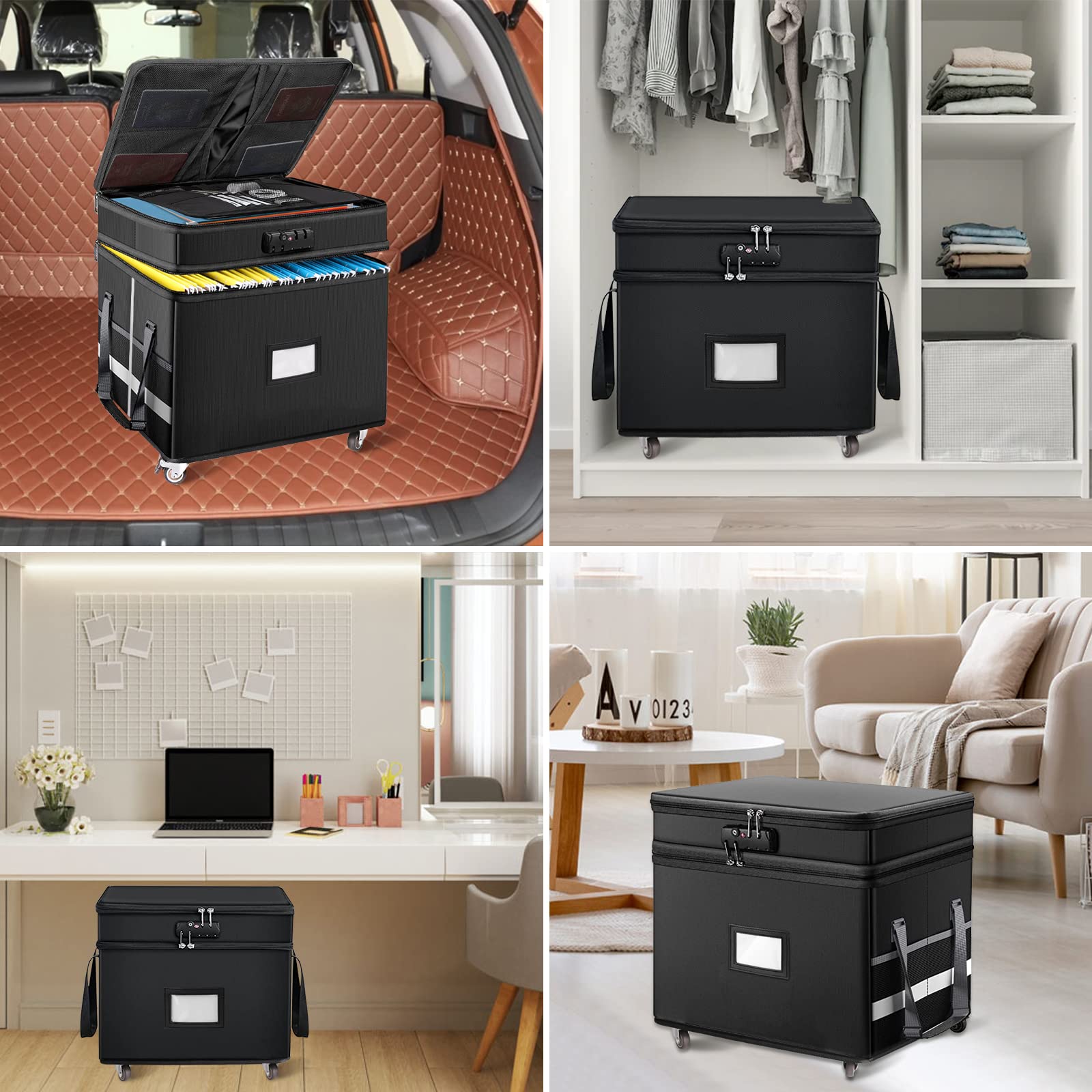Fireproof Document Box with Lock, 2 Layer File Organizer Box with Wheels, Collapsible Safe File Box Document Organizer for Home Office,Rolling File Cabinet for Hanging Letter/Legal Folder