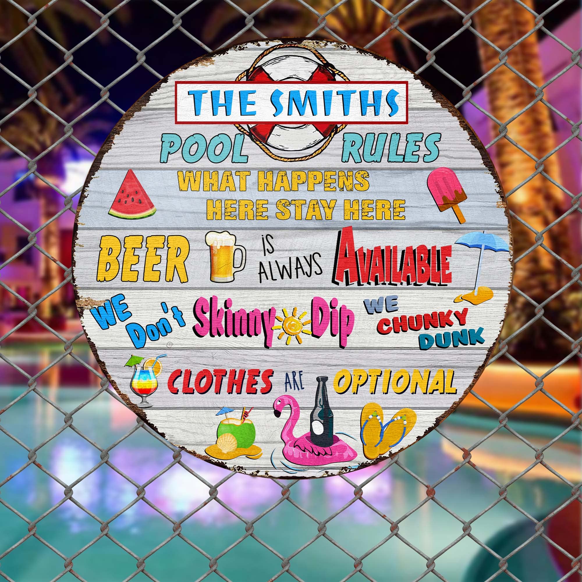 V VIBEPY All Over Printed, Personalized Pool Rules Wooden Sign, Pool Rules What Happens Here Stay Here, Pool Bar Decor, 8”,12”,18” Wooden Sign, Summer Decor Outdoor, Housewarming Gift (02)