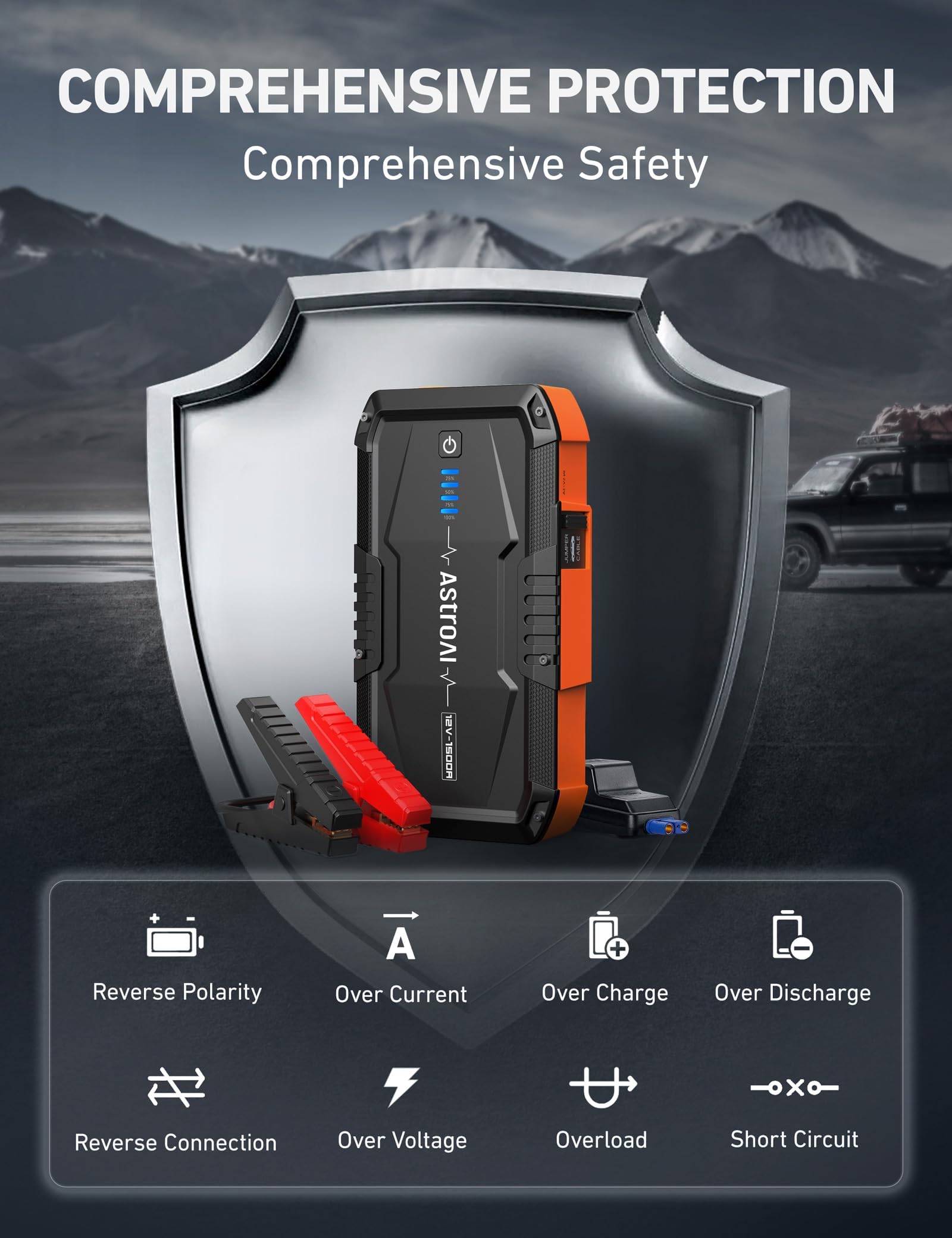 AstroAI S8 Car Battery Jump Starter, 1500A Peak Car Jumper Starter Battery Pack for Up to 6.0L Gas & 3.0L Diesel Engines, 12V Portable Jump Box with 3 Modes Flashlight and Jumper Cable (Orange)