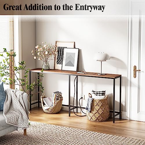Rufokisa Console Table with Power Outlet, 70.9" Narrow Sofa Table, Skinny Sofa Hallway Table, Industrial Entryway Table with USB Ports, Behind Couch Table for Foyer, Living Room, Hallway, Bedroom