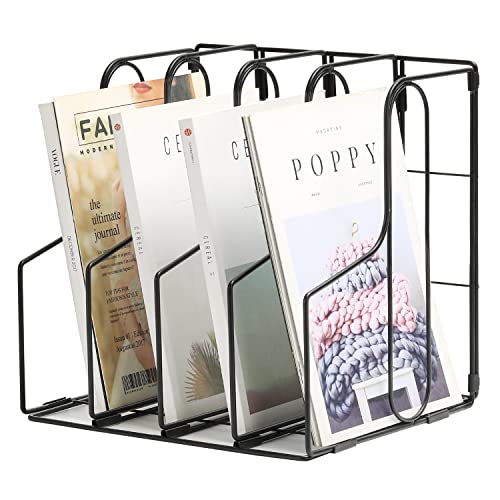 EasyPAG Desk Organizers Metal Desktop Magazine File Holder with 4 Vertical Compartments Rack File Organizer for Office Workspace,Black