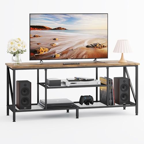 CAIYUN TV Stand 55 Inch TV, Modern Entertainment Center for 50/55/60/65 Inch TV, 3-Tier Industrial Television Stand with Open Storage Shelves, TV Stand for Bedroom, Rustic Brown