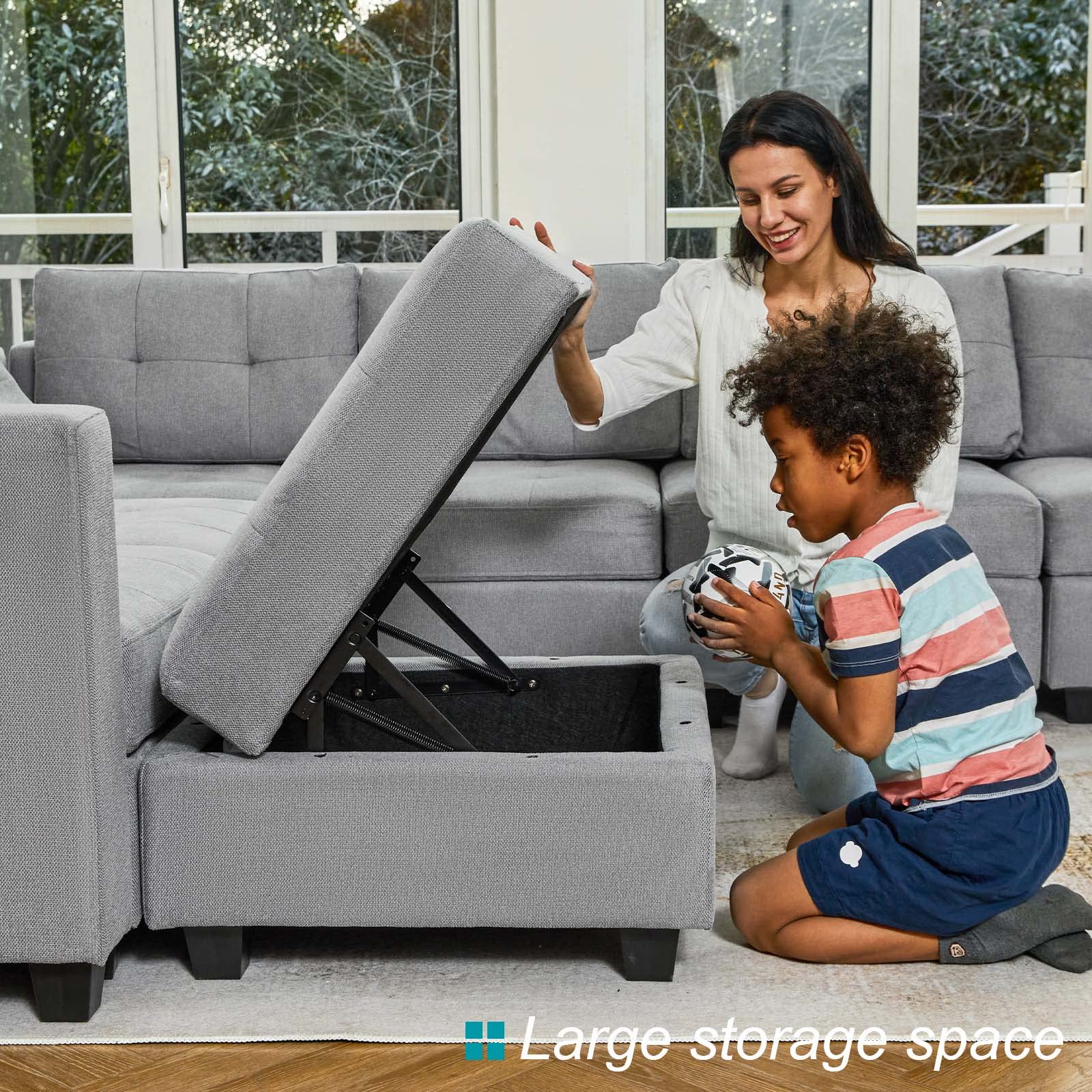 Belffin Light Grey L Shape 5-Seat Modular Sectional Sofa with Storage, Reversible Chaise, Adjustable Backrest, Cotton & Polyester