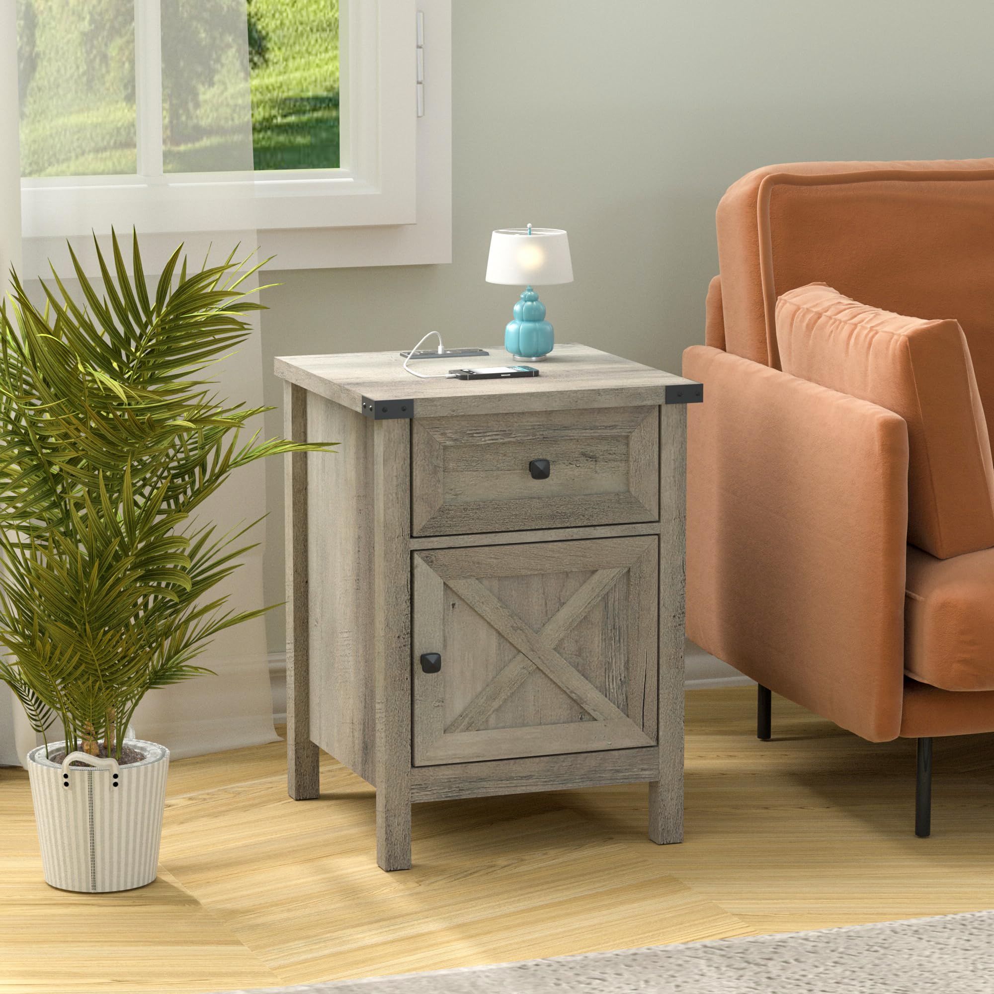 Rustic Nightstand with Charging Station, Night Stand with Barn Door and Drawer, Storage Bedroom Living Room Bedside Table Farmhouse End Table Industrial Bedside Table with USB Ports and Outlets，Grey