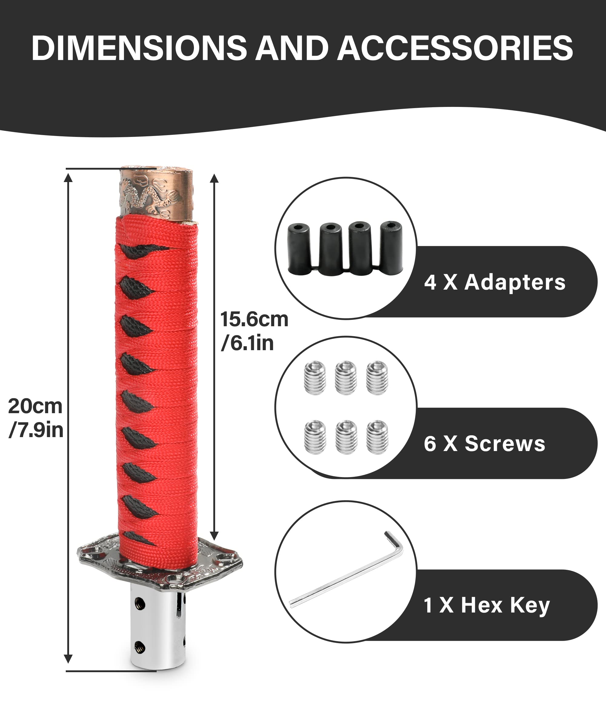 SUJADE YAKEFLY Universal Katana Gear Shifter,Gear Shift Knob Sword Shift Knobs,Katana Shift Knob Samurai Sword Gear Shifter with 4 Adapters,Katana Samural Shift Gear Lever (Red&Black)