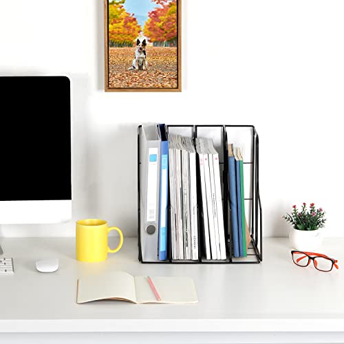 EasyPAG Desk Organizers Metal Desktop Magazine File Holder with 4 Vertical Compartments Rack File Organizer for Office Workspace,Black