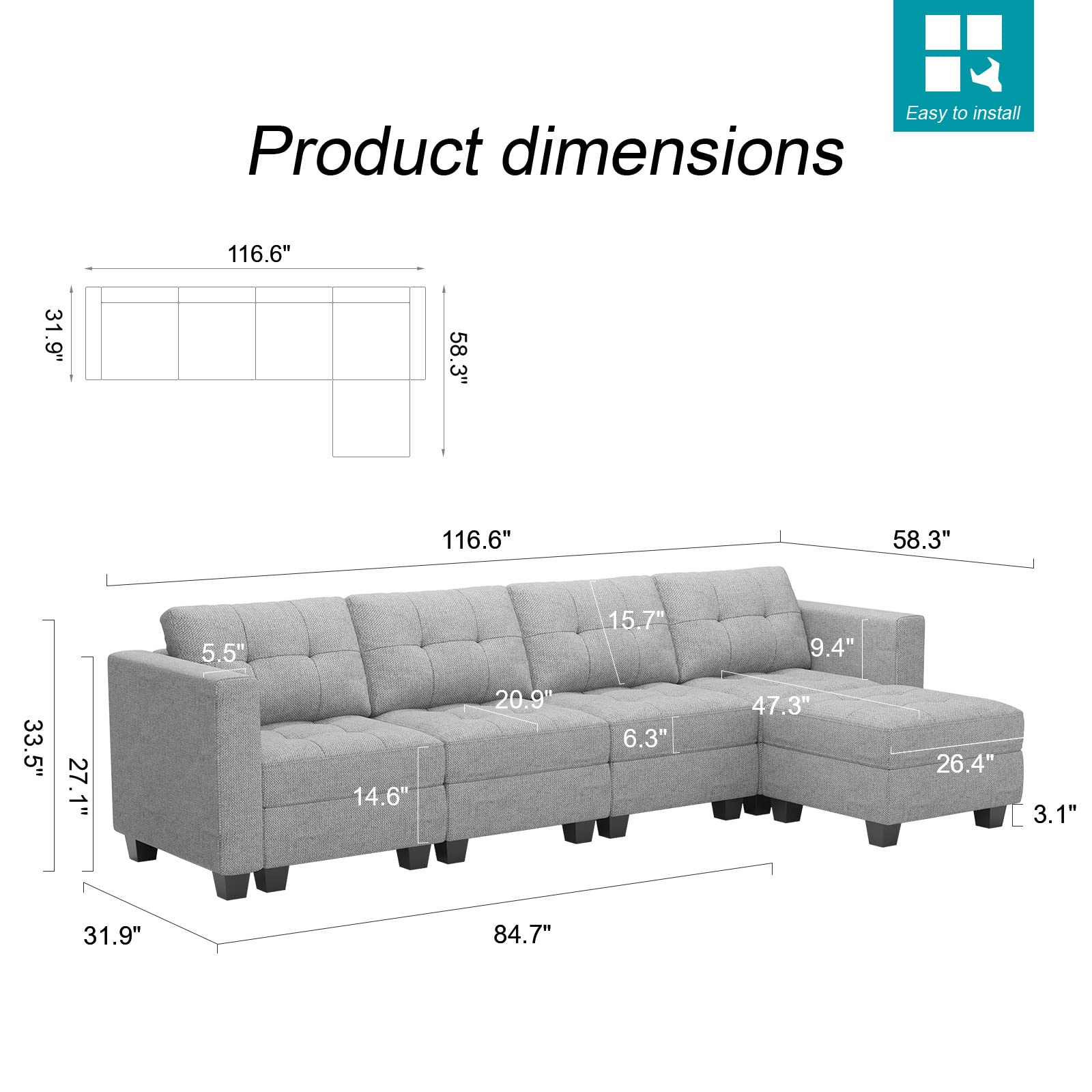 Belffin Light Grey L Shape 5-Seat Modular Sectional Sofa with Storage, Reversible Chaise, Adjustable Backrest, Cotton & Polyester