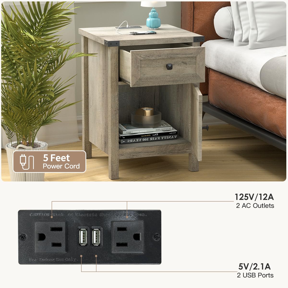 Rustic Nightstand with Charging Station, Night Stand with Barn Door and Drawer, Storage Bedroom Living Room Bedside Table Farmhouse End Table Industrial Bedside Table with USB Ports and Outlets，Grey