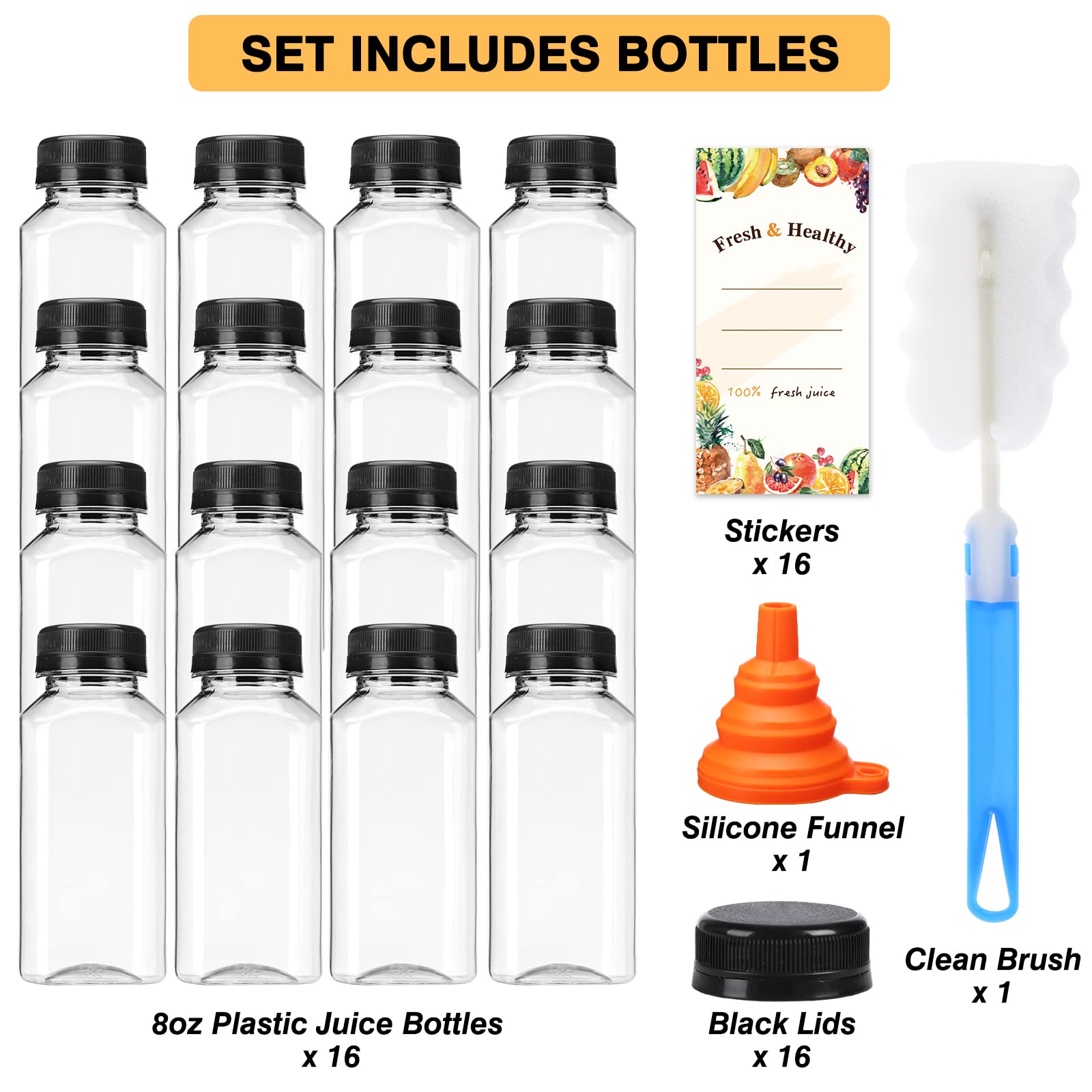 Moretoes 16pcs 8oz Plastic Juice Bottles with Caps, Reusable Juicing Bottles for Juice Milk Smoothie and Other Beverages